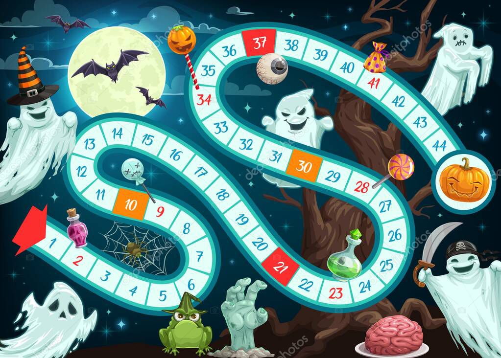 Halloween juego de mesa para niños plantilla vectorial de mapa con ...