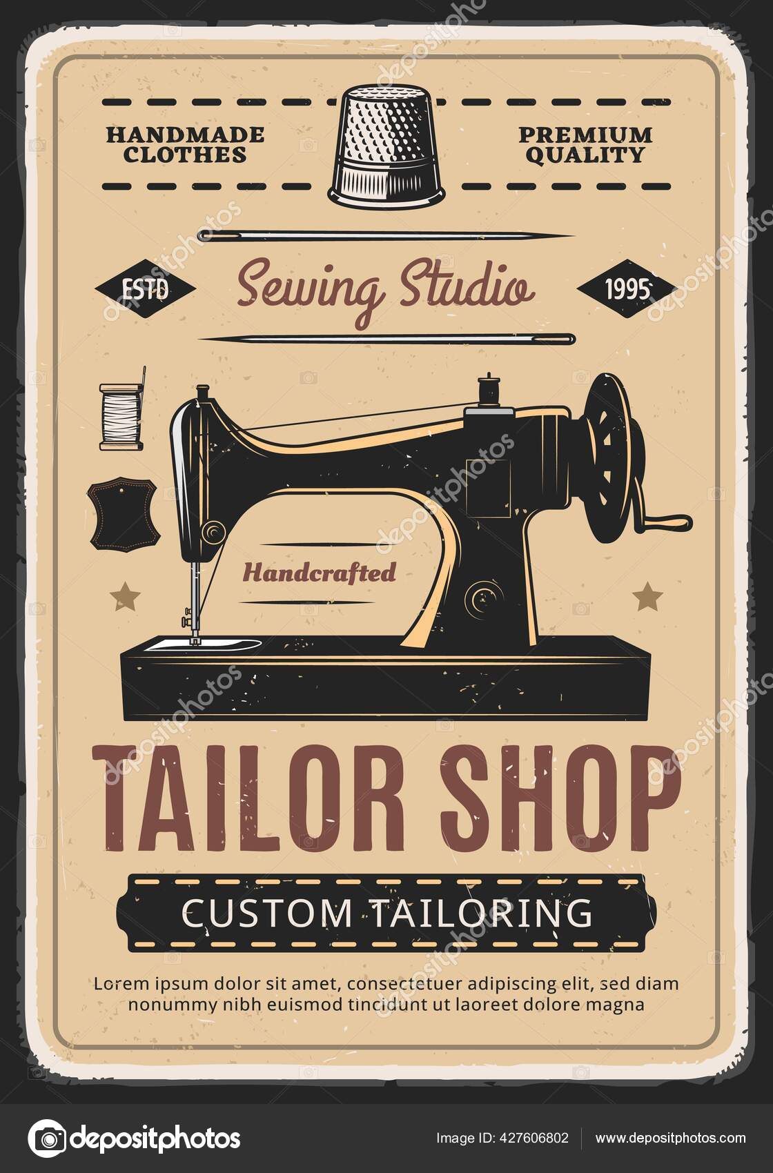 Tailor Shop Sewing Studio Retro Vector Poster Machine Spool Thread ...