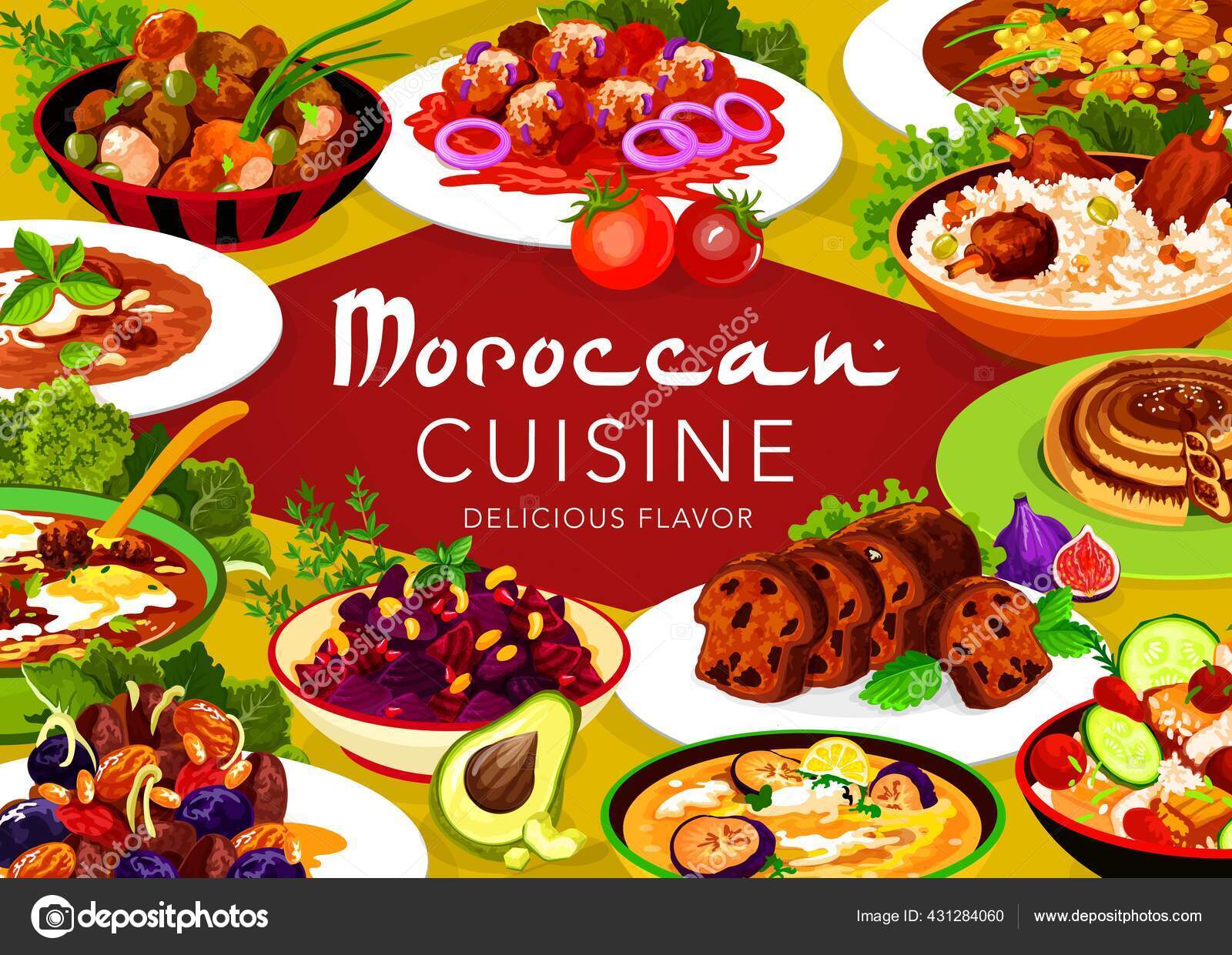 Moroccan Cuisine Vector Meat Prunes Almond Pomegranate Beetroot Salad ...