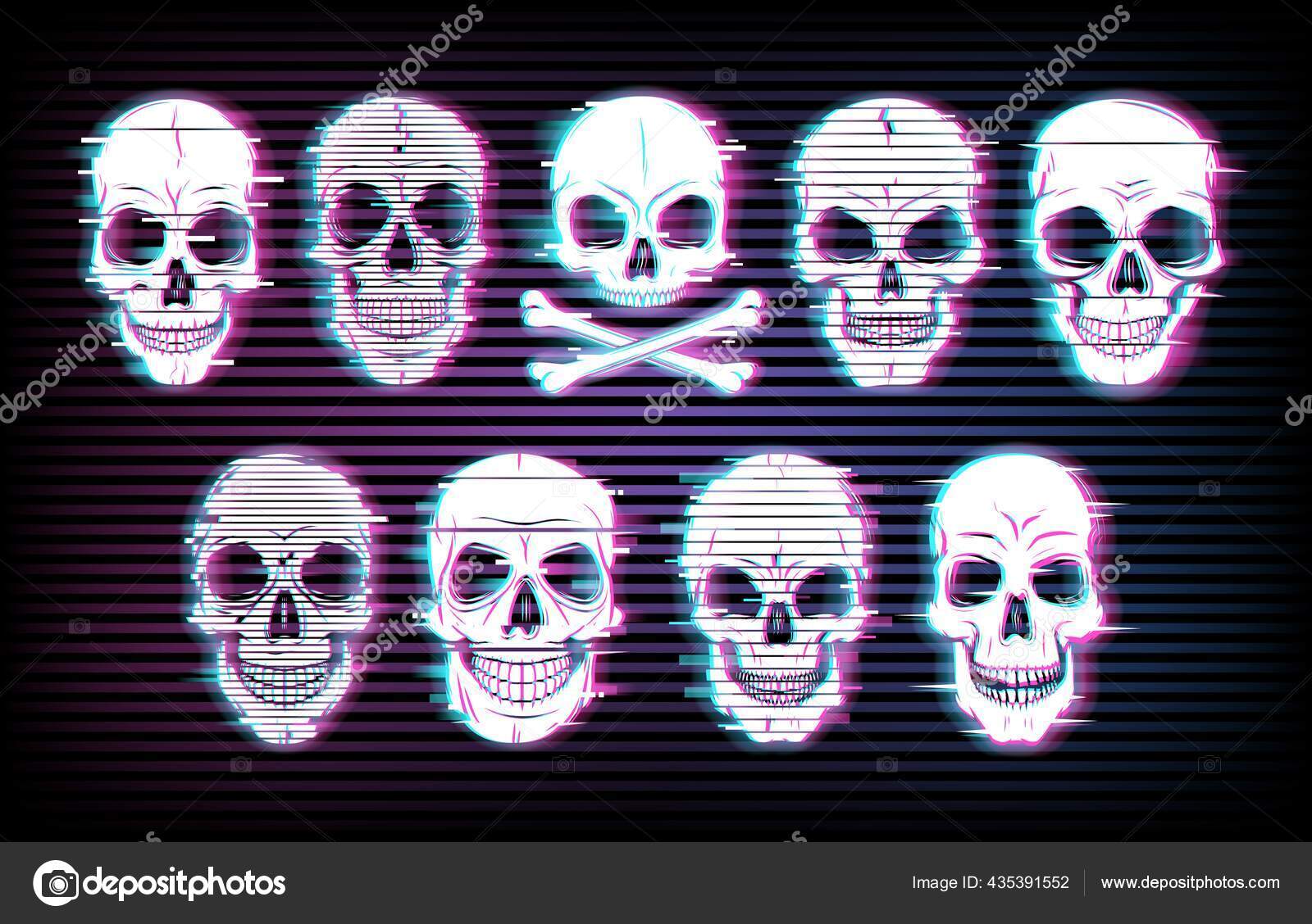 Glitch Skulls Vector Distorted Neon Glowing Pixelized Craniums Jolly ...