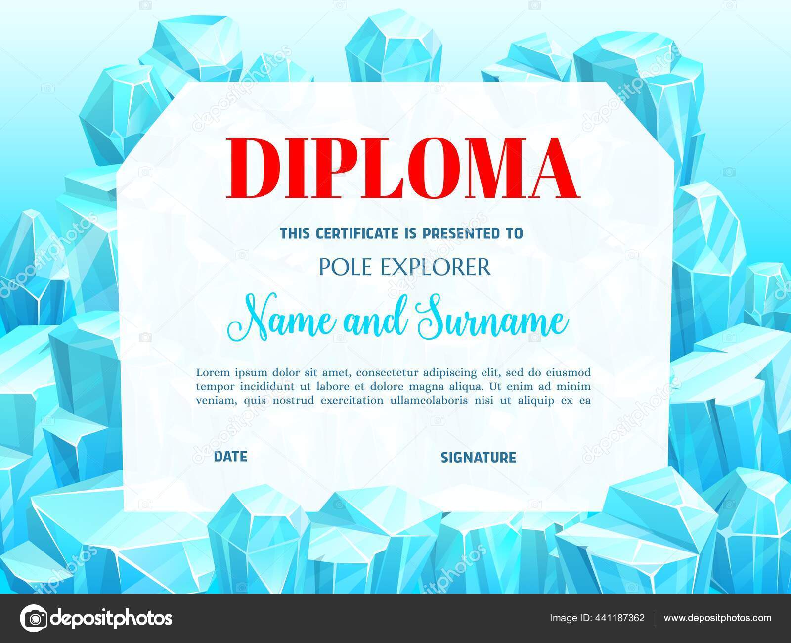 School Education Diploma Pole Explorer Ice Crystals Vector Template ...