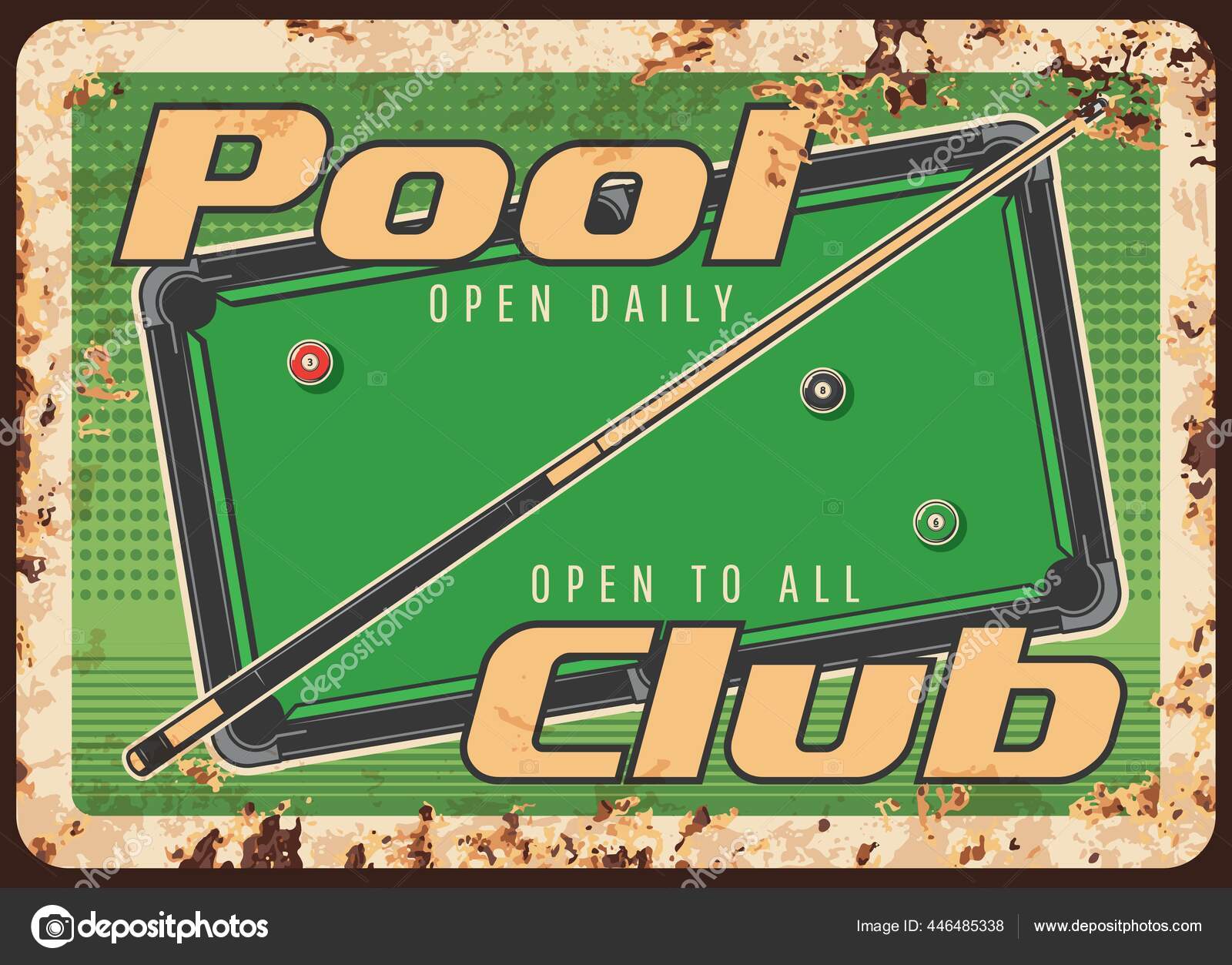 Pool Club Rusty Metal Plate Vector Balls Cue Green Table Stock ...