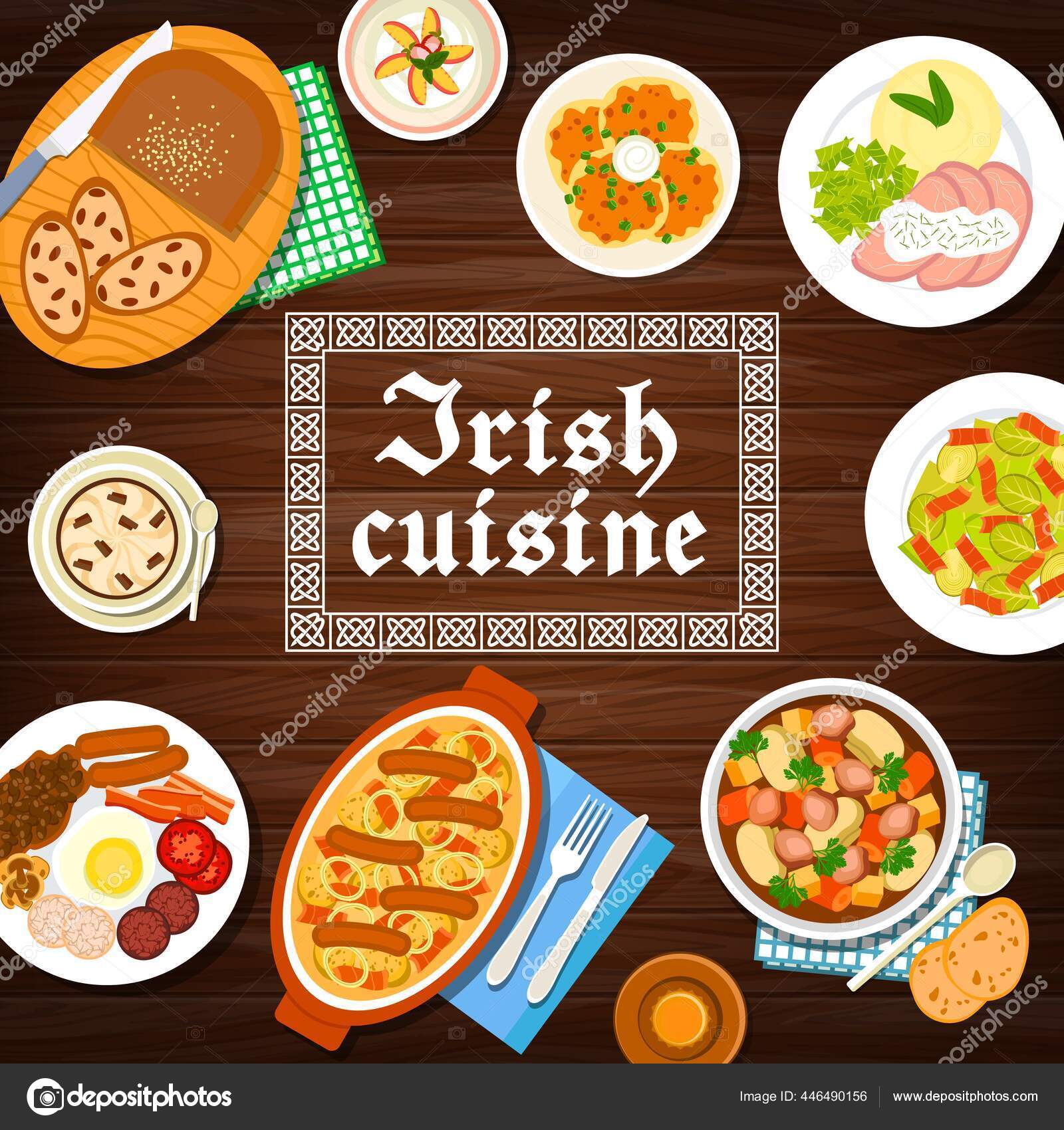 Irish Cuisine Food Menu Breakfast Dishes Meals Ireland Vector Stew ...
