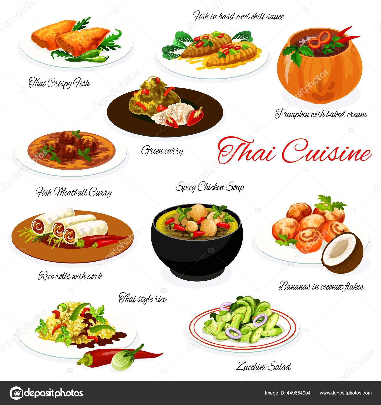 Thai Food Thailand Cuisine Menu Asian Restaurant Dish Plates Vector ...