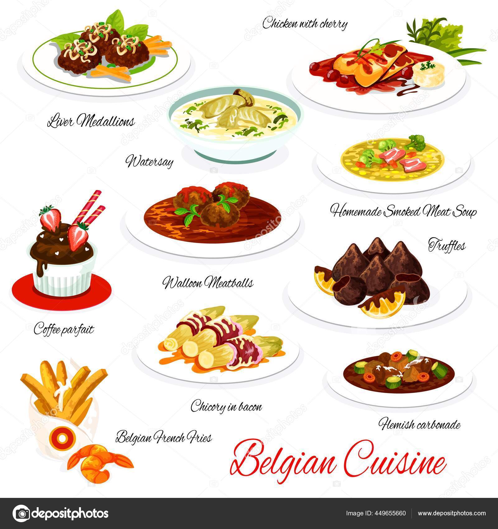 Cocina Belga Menú Vectorial Comidas Medallones Hígado Pollo Con Cereza ...