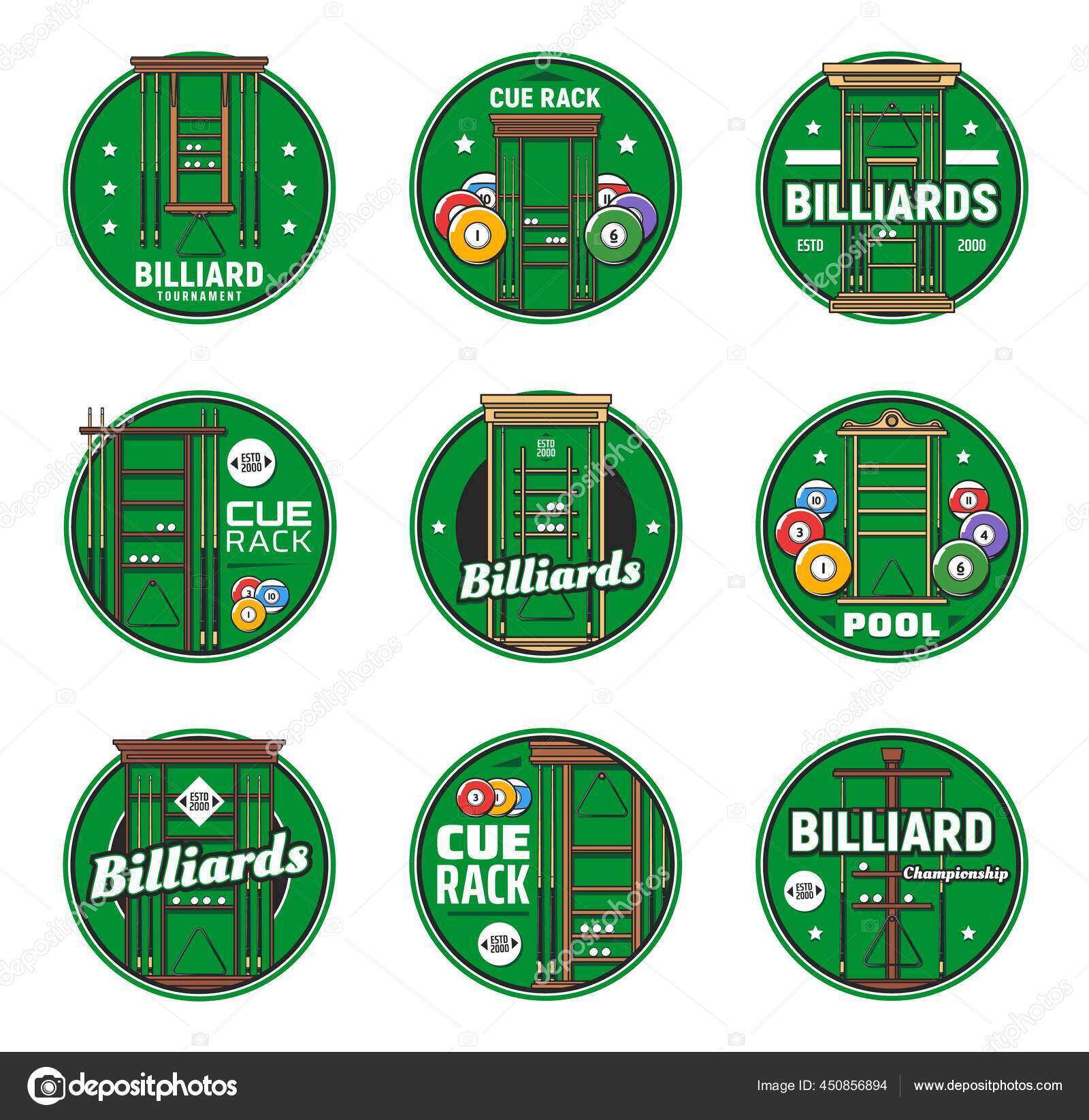 Billard Spiel Vektor Symbole Mit Bällen Und Hinweisen Auf Rack Stock ...