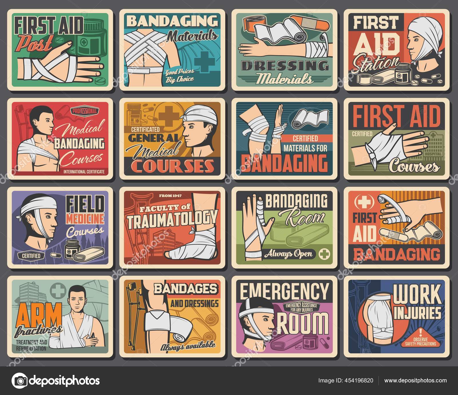 First Aid Medical Retro Posters Trauma Bandaging Injury Emergency Ward ...