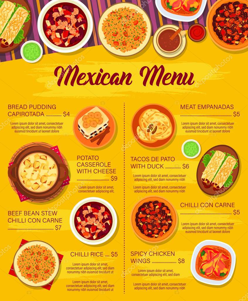 Plantilla de menú de cocina mexicana vector. Cacerola de patata con ...