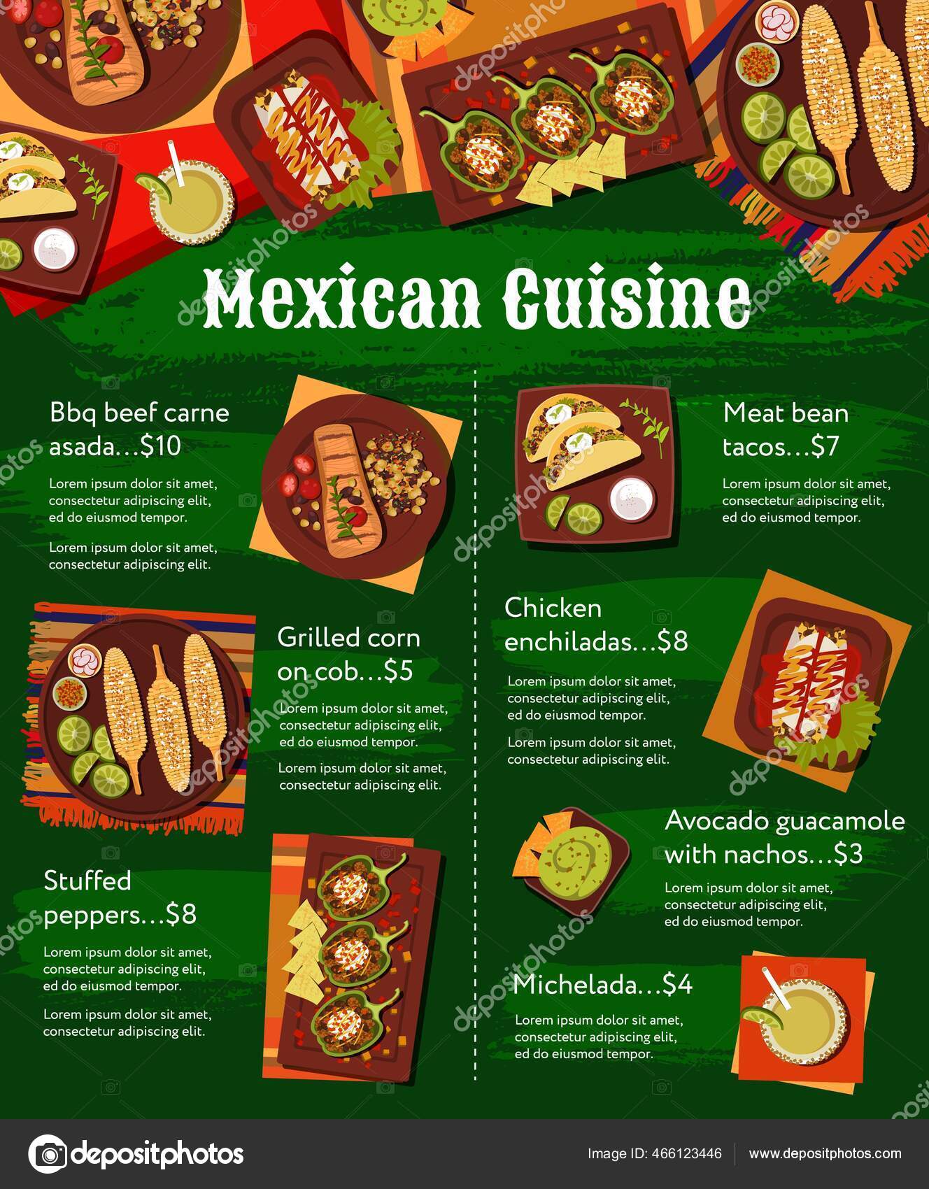 Plantilla Vectores Menú Cocina Mexicana Carne Res Asada Tacos Carne ...
