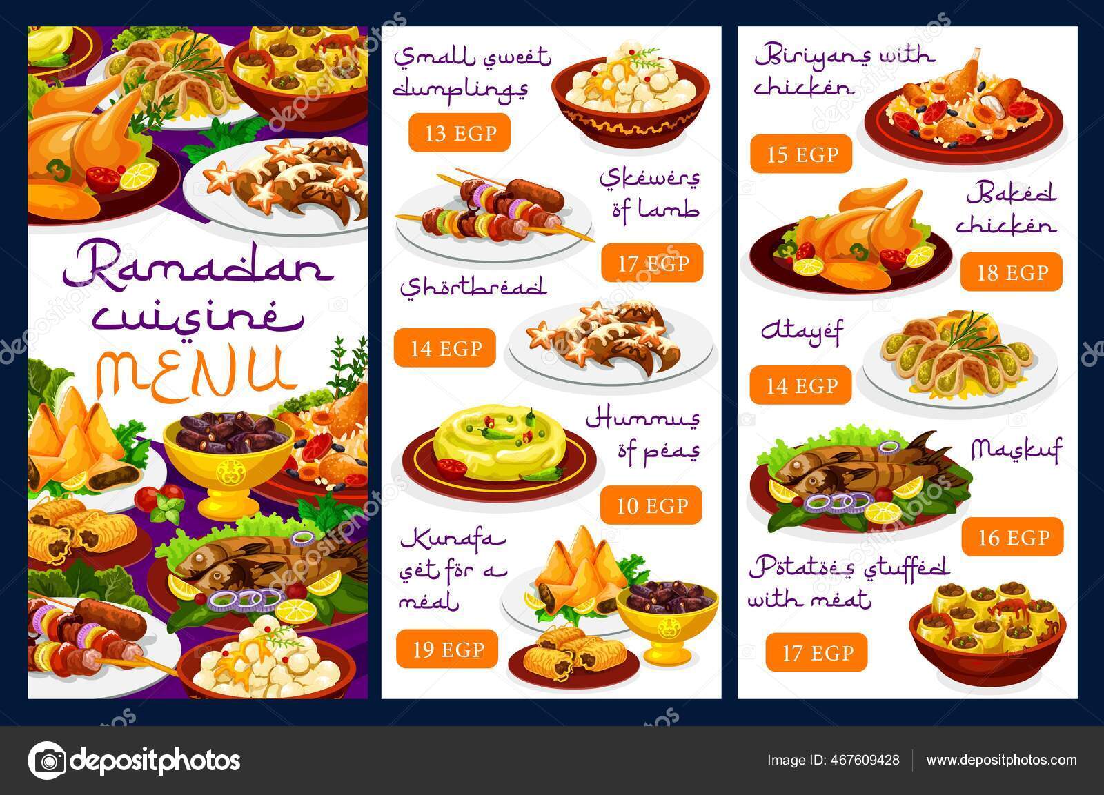 Ramadan Cuisine Menu Iftar Food Islam Meals Eid Mubarak Vector Stock ...