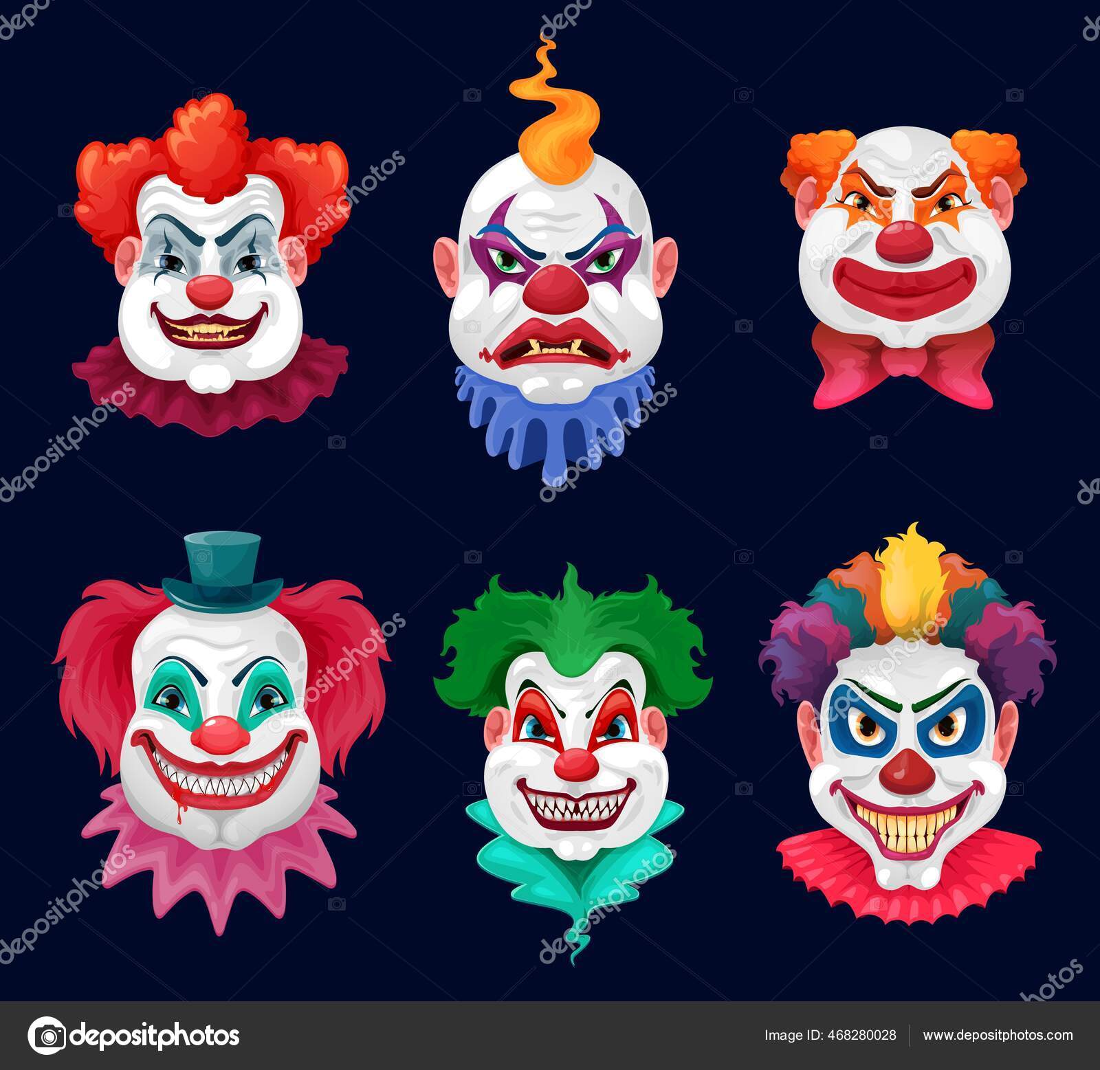 Horror Clown Scary Circus Monster Faces Cartoon Vector Design Halloween ...