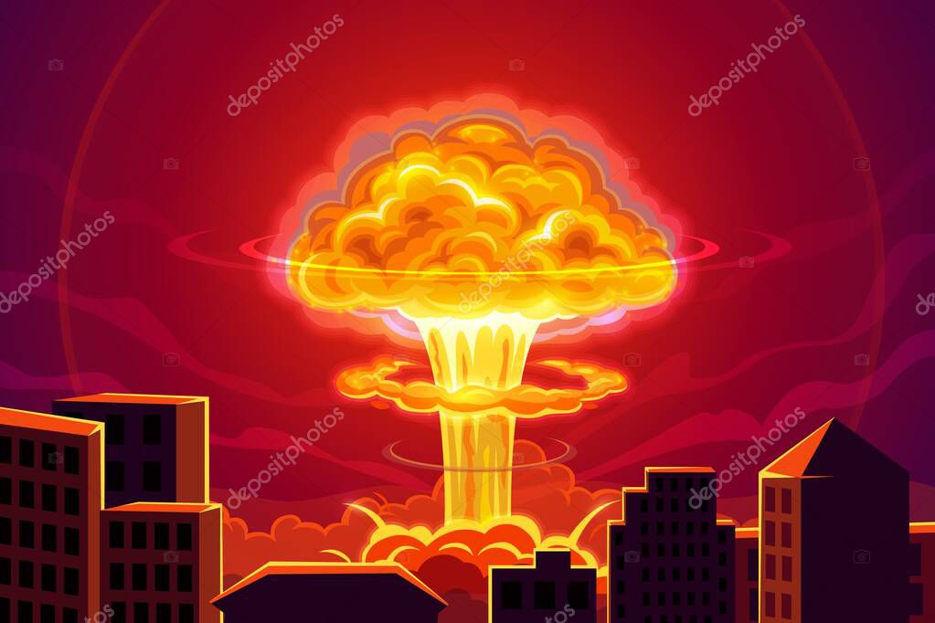 Explosión de bomba atómica en el fondo del vector de dibujos animados ...