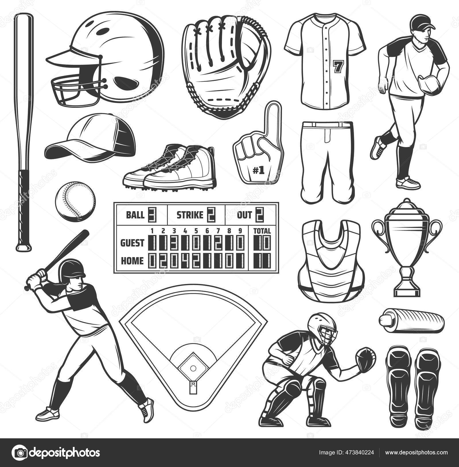 Baseball Sport Game Vector Icons Ball Bat Winner Trophy Cup Stock ...
