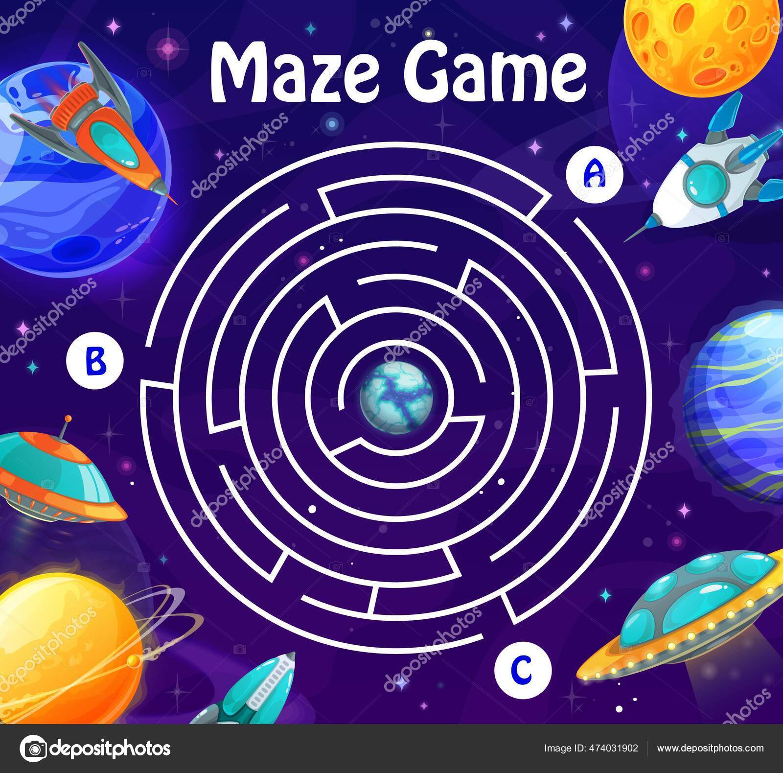 Space Labyrinth Maze Galaxy Kids Vector Boardgame Spaceships Planets ...