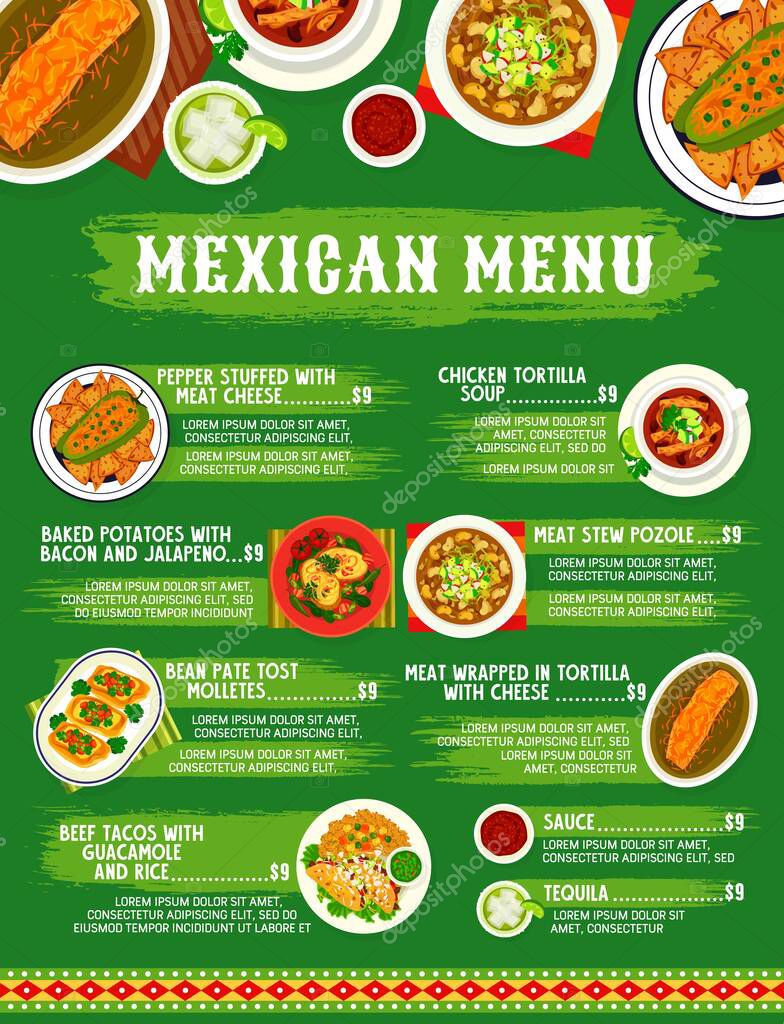 Menú de cocina mexicana, platos de comida y comida mexicana, almuerzo y ...