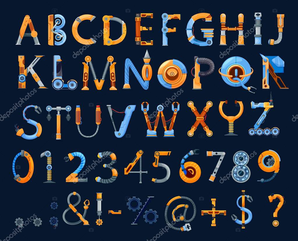 Mecánica de dibujos animados y robots fuente, vector niños alfabeto o ...