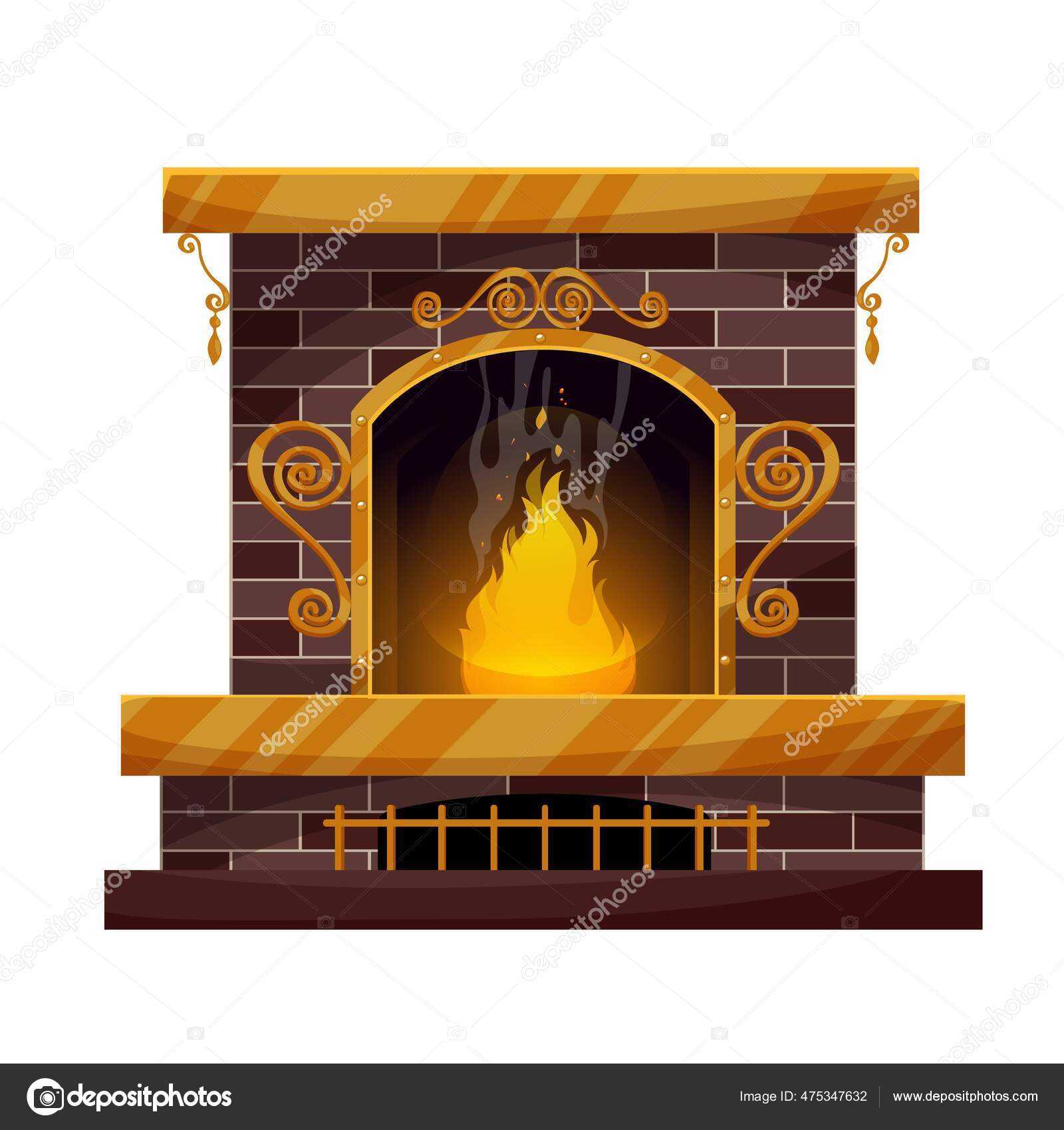 Home Interior Brick Fireplace Burning Fire Forgery Decor Grating Vector ...