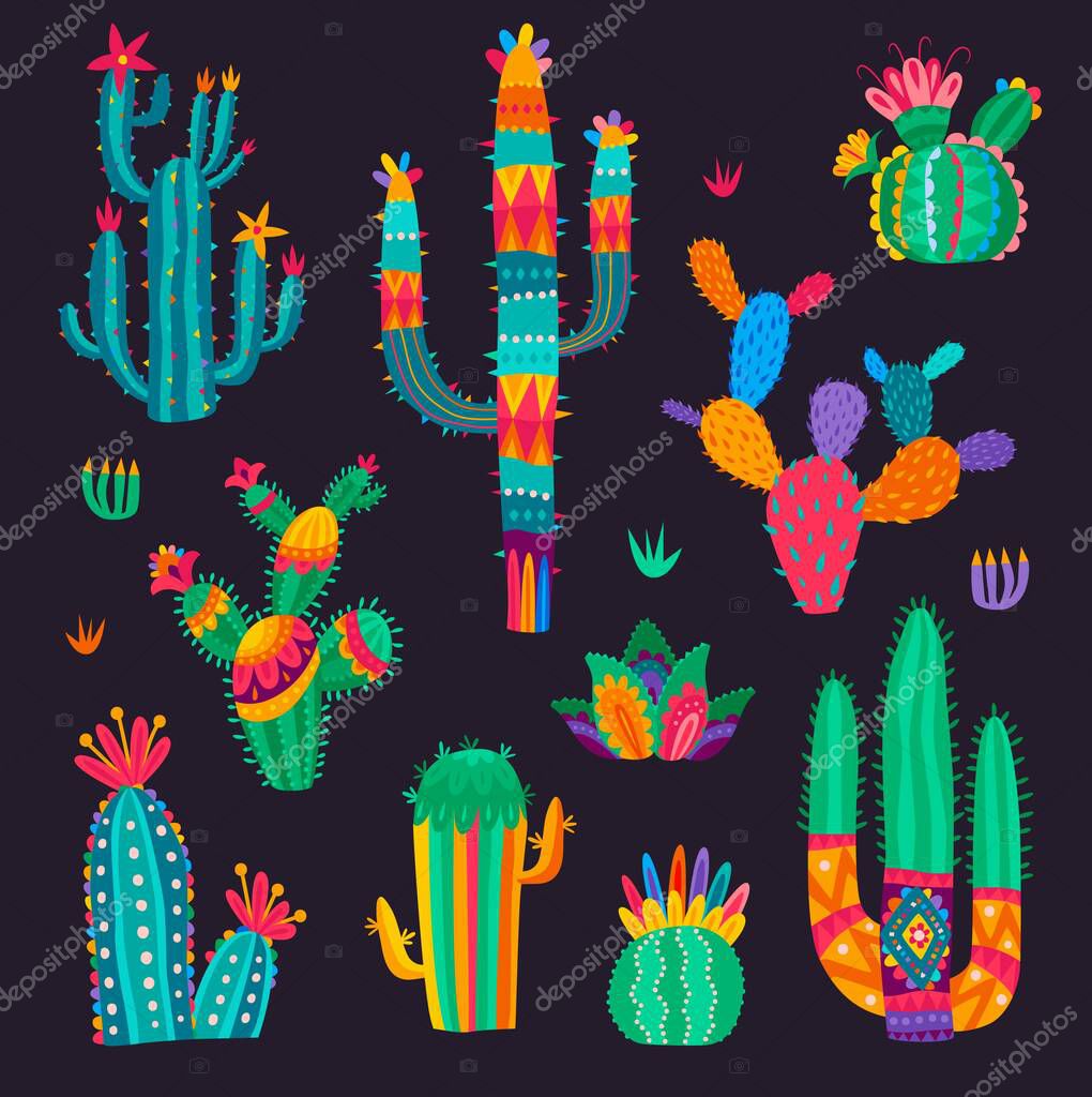 Dibujos animados flores de cactus mexicanos, conjunto suculento ...
