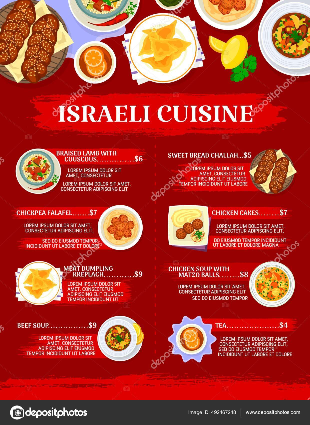 Israeli Cuisine Restaurant Menu Vector Template Meat Vegetable Dishes ...