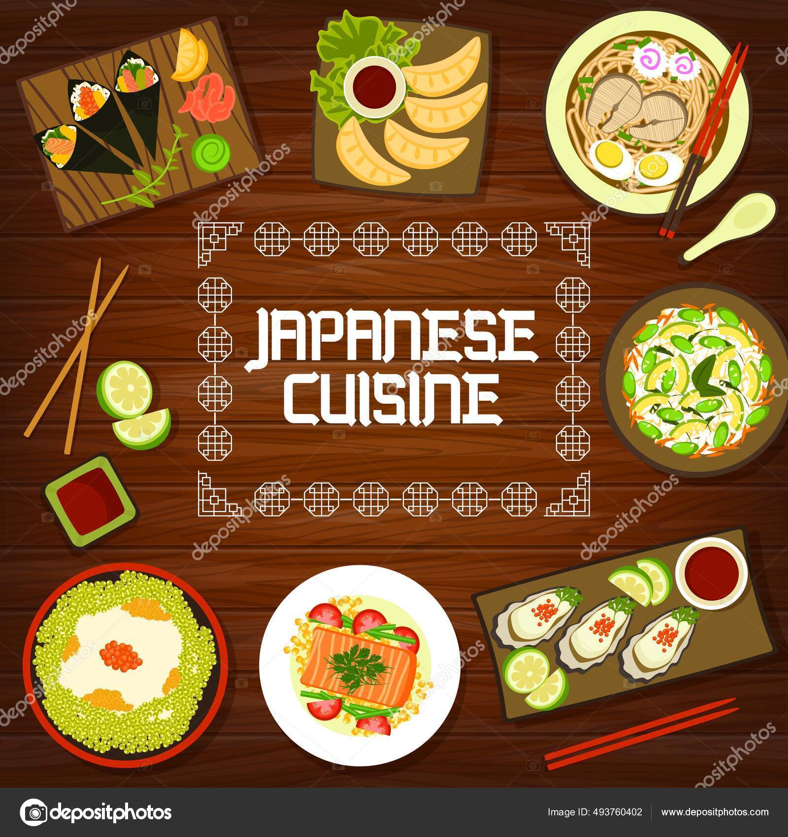 Japanese Cuisine Menu Cover Asian Food Dishes Japan Oden Bowls Stock ...