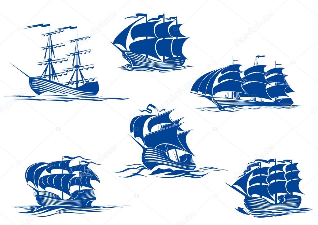 Blue tall ships or sailing ships — Stock Vector © Seamartini #55923221
