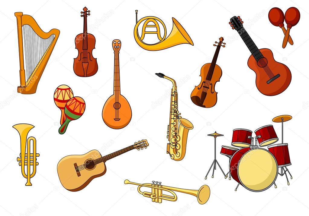 Conjunto de dibujos animados de iconos de instrumentos musicales de ... Conjunto de dibujos animados de iconos de instrumentos musicales de ...