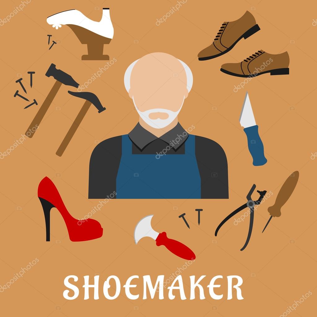Shoemaker with shoes and tools, flat icons — Stock Vector © Seamartini #84940580