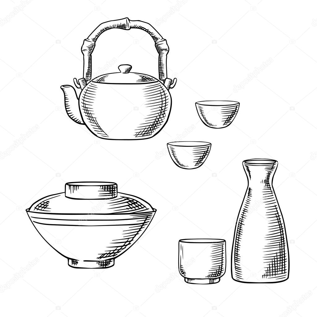 Japanese ceramic tableware sketch icons — Stock Vector © Seamartini ...
