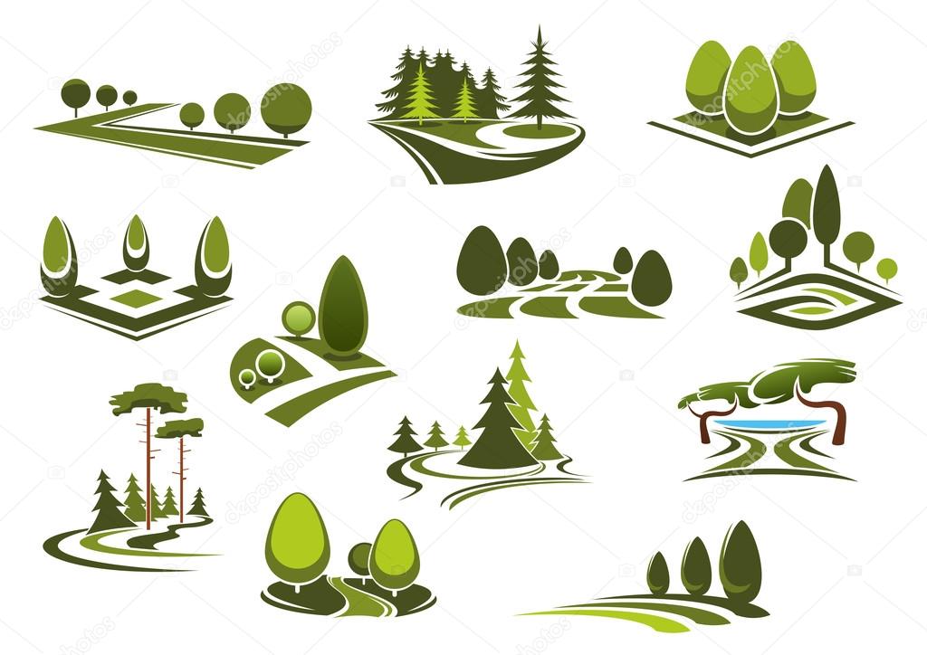 Forest, public park and garden landscapes icons — Stock Vector ...