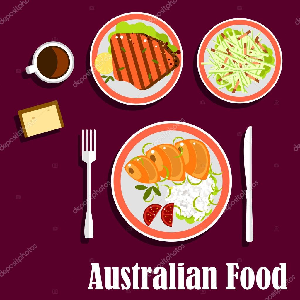 Australian cuisine with fish, meat and salad Stock Vector by ...