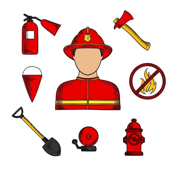 Firefighter with fire protection sketch symbols Stock Vector Image by ...