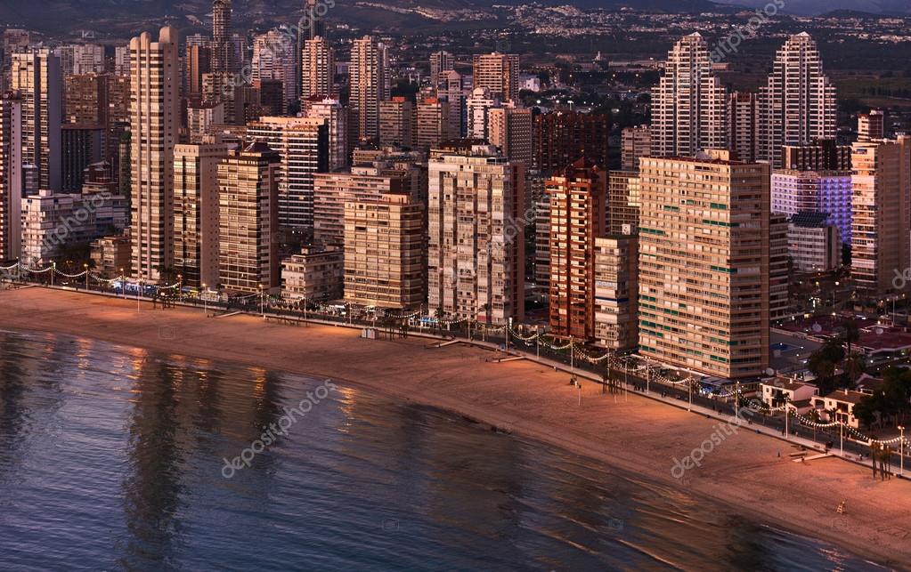 Aerial view of a Benidorm city coastline at sunset. Spain — Stock Photo ...