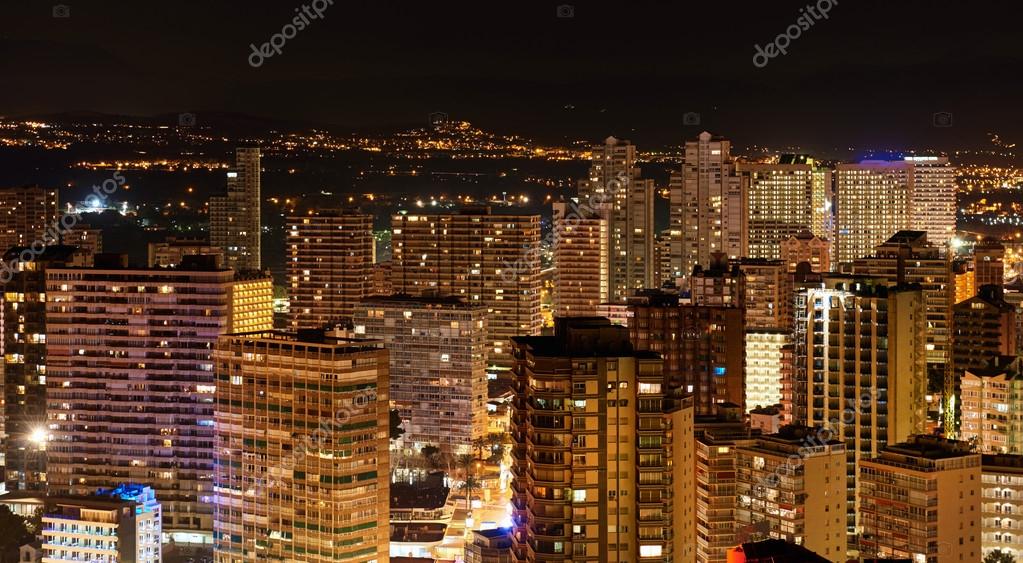 Illuminated skyscrapers of a Benidorm city at night. Spain Stock Photo ...