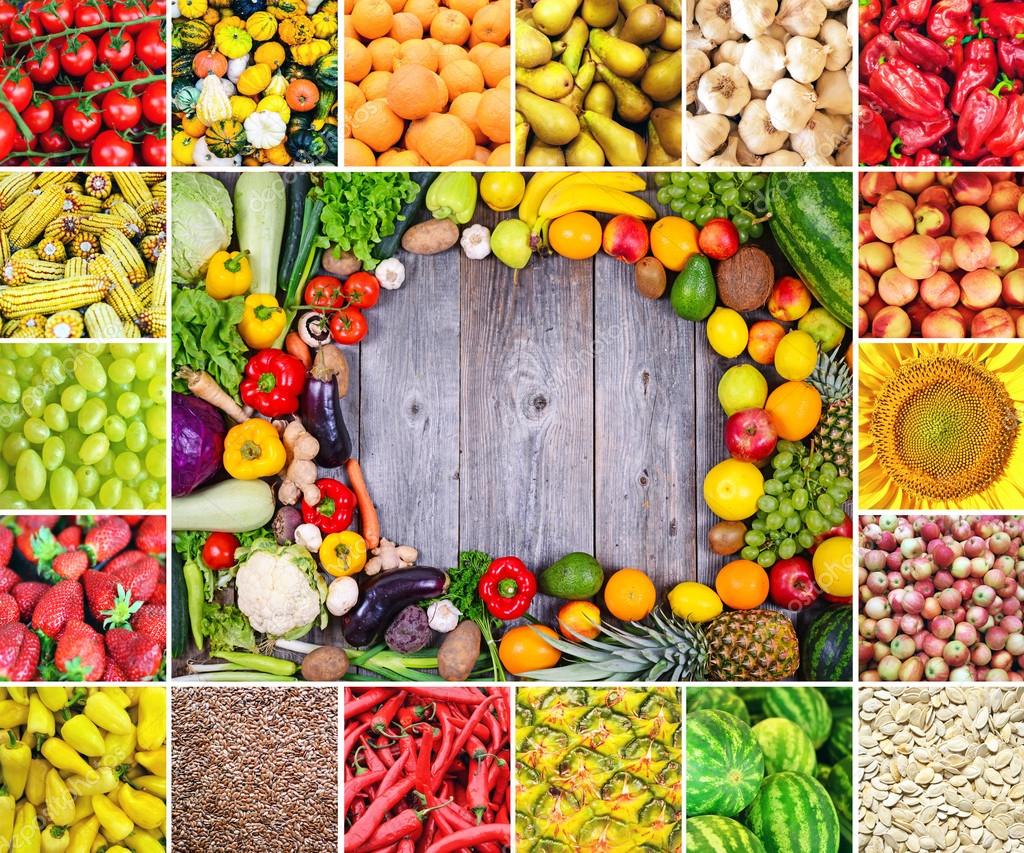Enorme collage de varias frutas y verduras saludables: fotografía de ...