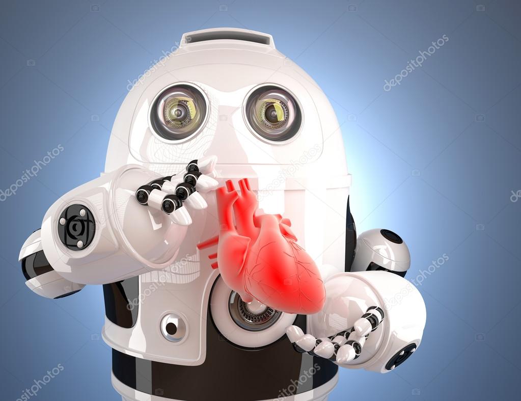 Robot con corazón humano en las manos. Concepto tecnológico. Contiene ...