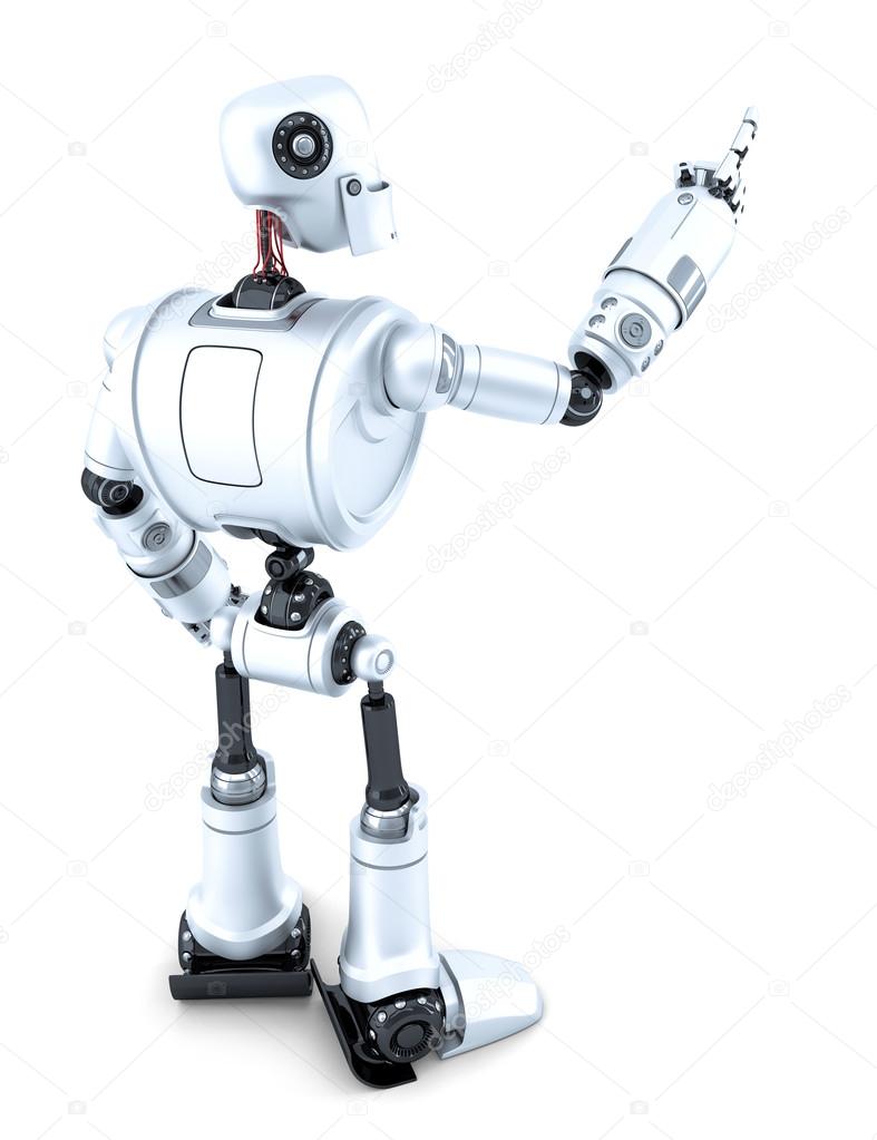 Robot apuntando a objetos invisibles. Vista lateral. Aislado. Contiene ...