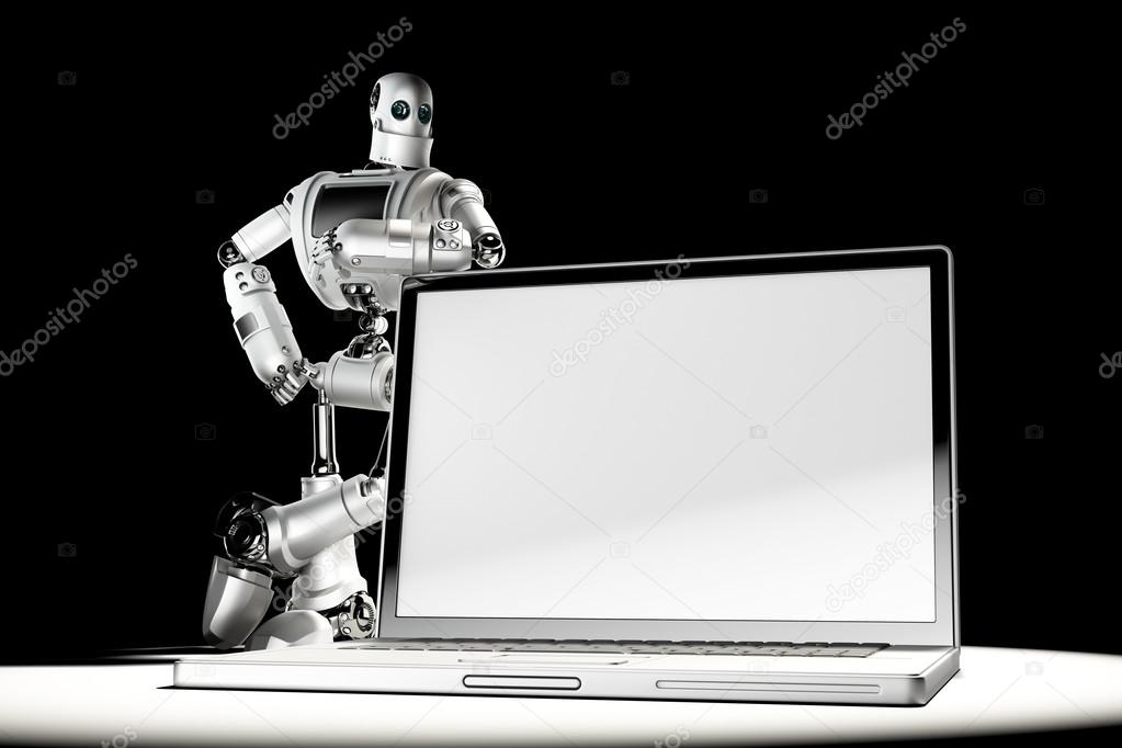 Robot with blank screen laptop. Image containc lipping path of laptop ...