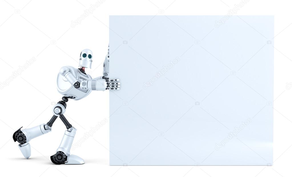 Robot empujando una gran pancarta en blanco. Aislado. Contiene ruta de ...