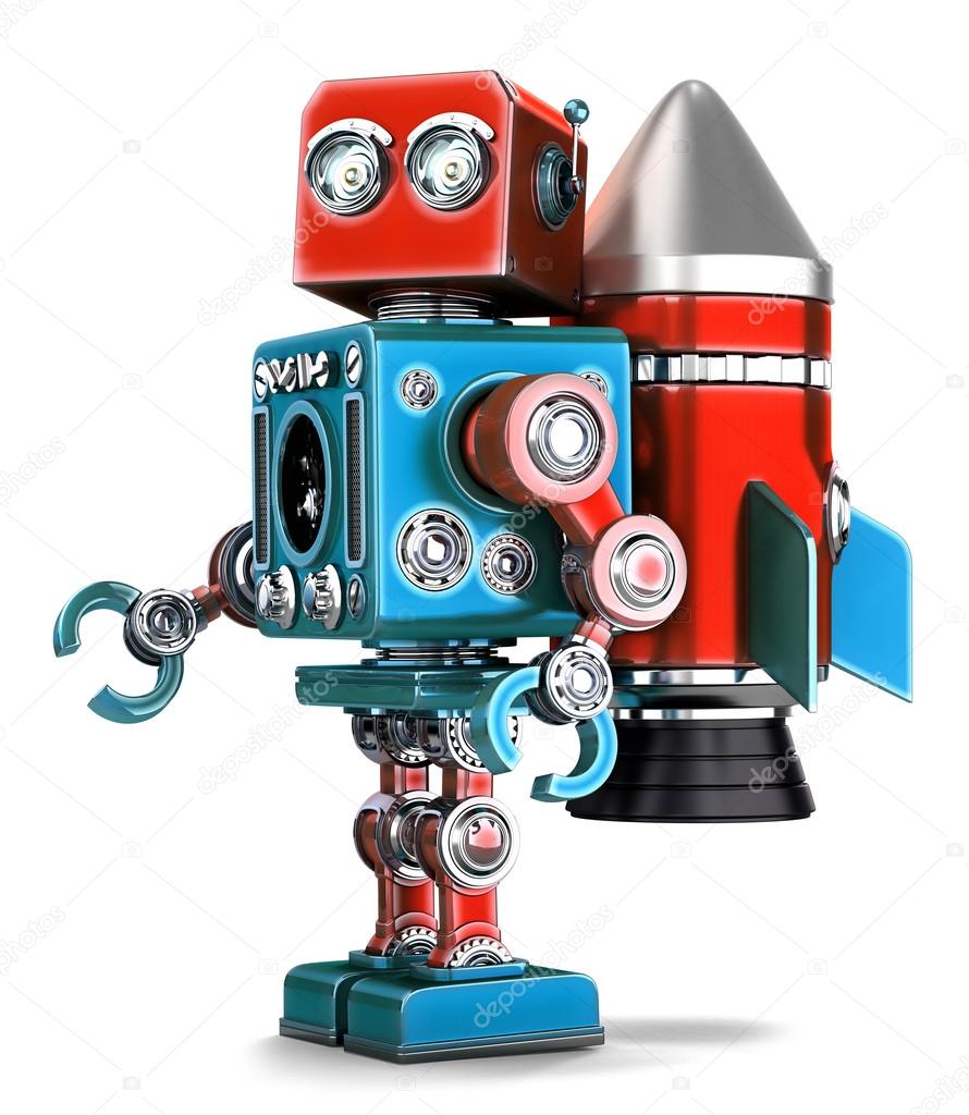 Retro Robot with rocket jetpack. Isolated. Contains clipping path ...