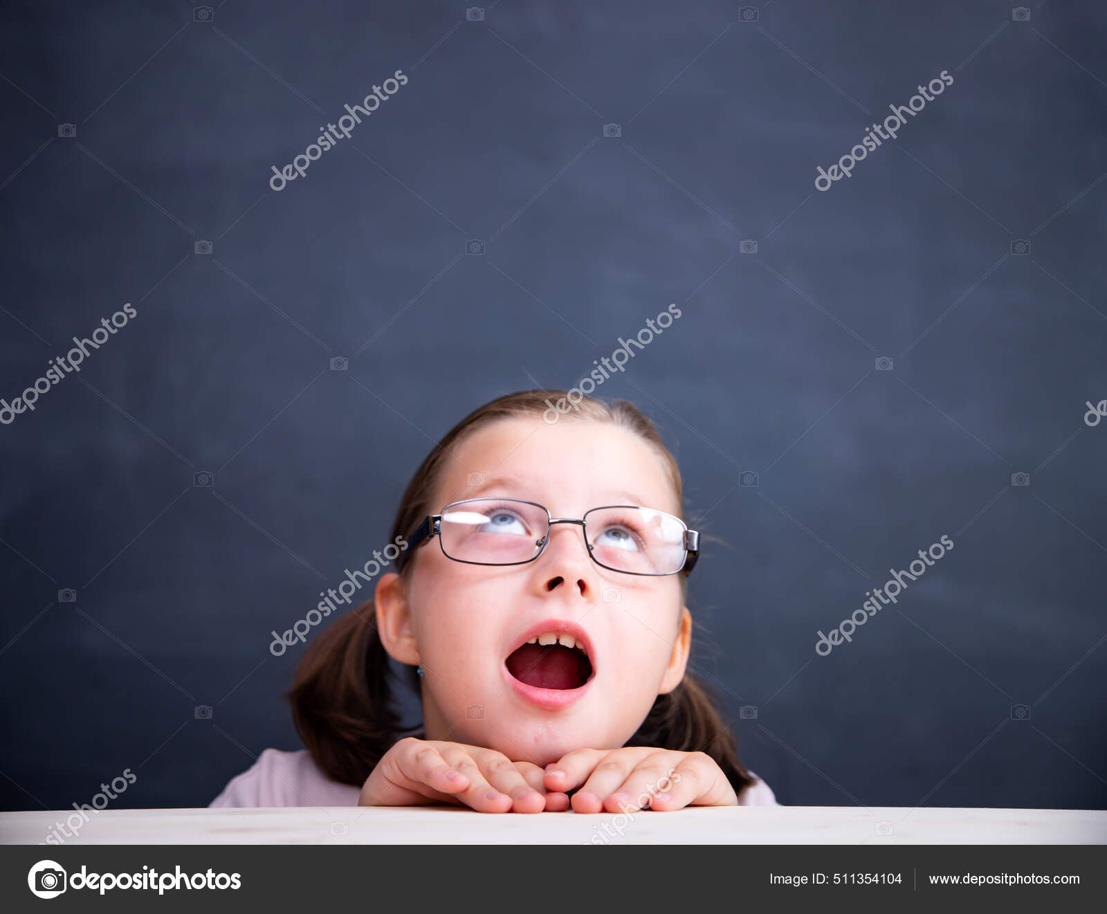 Cute Little Girl Looking Copyspace Blackboard Background Stock Photo by ...