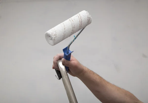 House Renovation. Master with paint roller on ladder - Stock Image ...