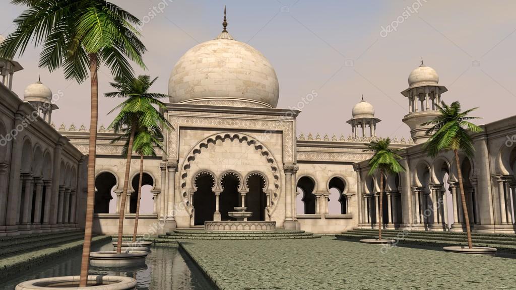 Arabian palace with palm trees — Stock Photo © KostPhoto #70521691