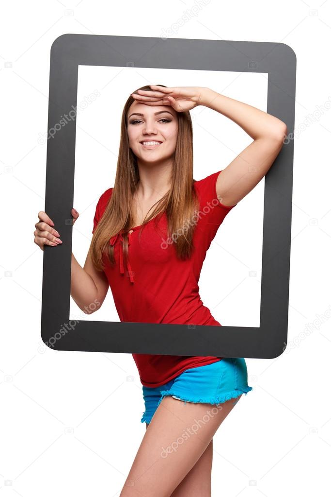 Female looking through the frame with palm on forehead Stock Photo by ...
