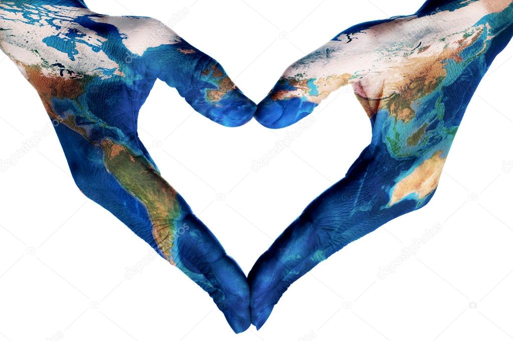 Hands forming a heart patterned with a world map — Stock Photo ...