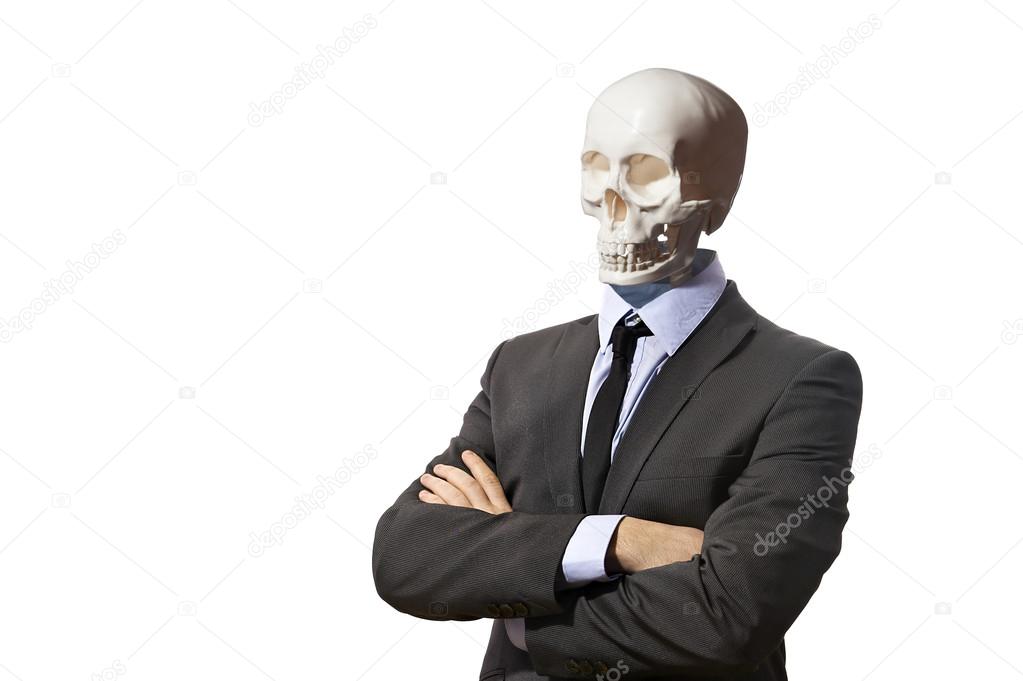 Skeleton in business suit isolated on white Stock Photo by ©be_low 90770776