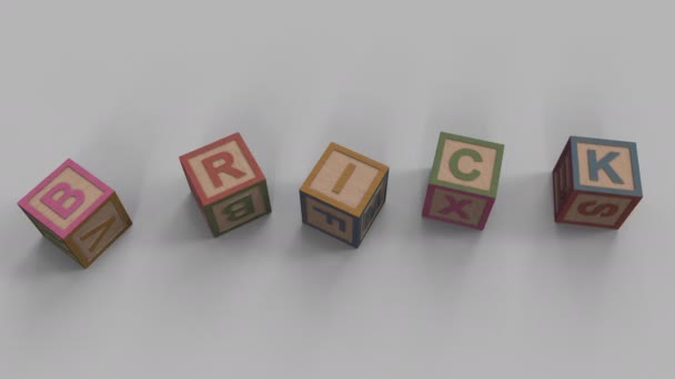 Falling toy bricks make up different words: brick, child, cubes, games ...