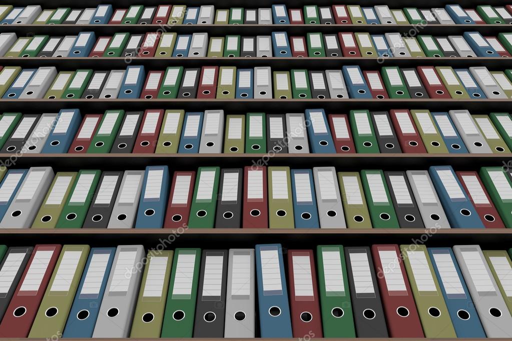 Multiple colorful office binders on shelves, part of the set. 3D ...