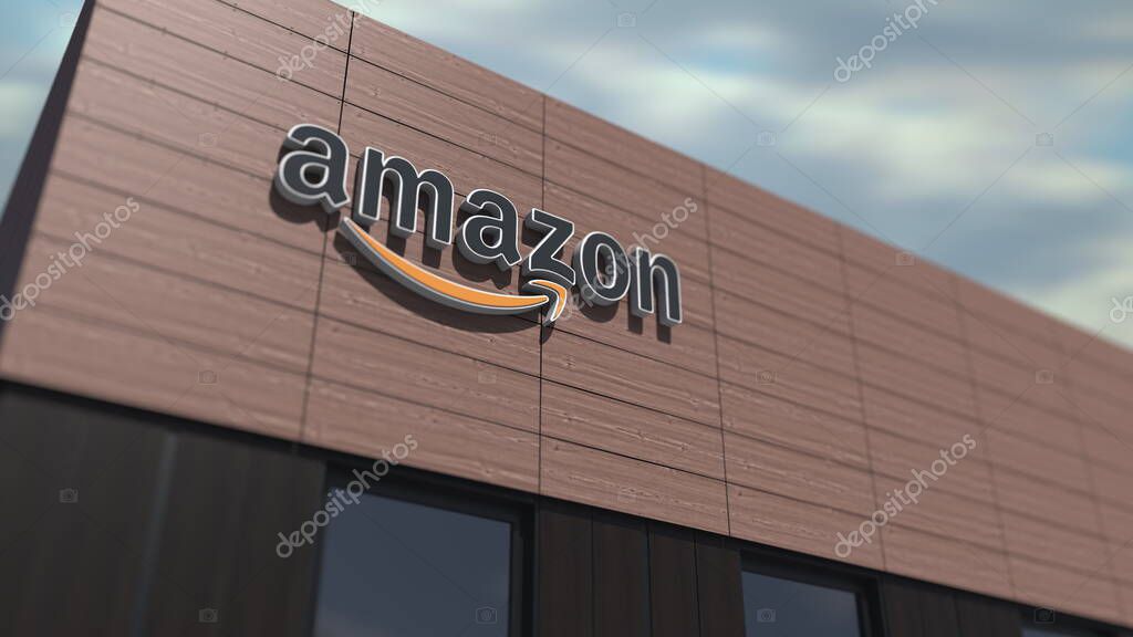Logotipo de Amazon en el edificio, representación editorial 3d 2022