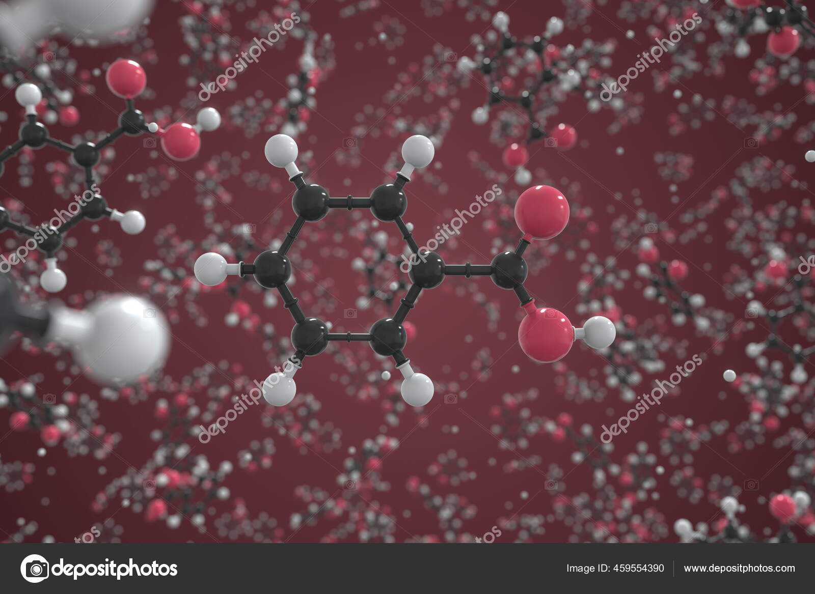 Molecule of benzoic acid, ball-and-stick molecular model. Science related 3d rendering Stock ...