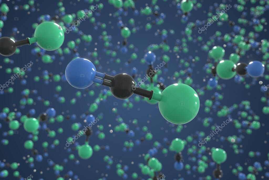 Molécula de cloruro de cianógeno, modelo molecular de bola y palo ...